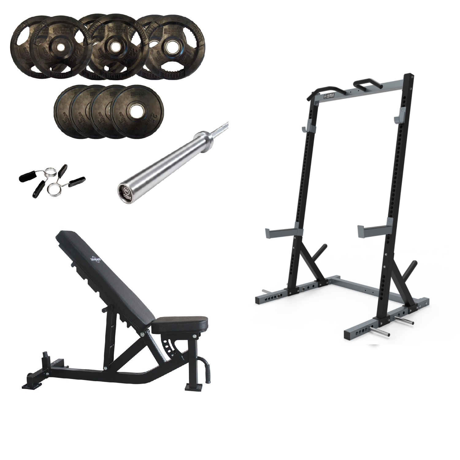 Muscle Motion Half Rack, Bench, Olympic Bar and Weights (Package Price ...